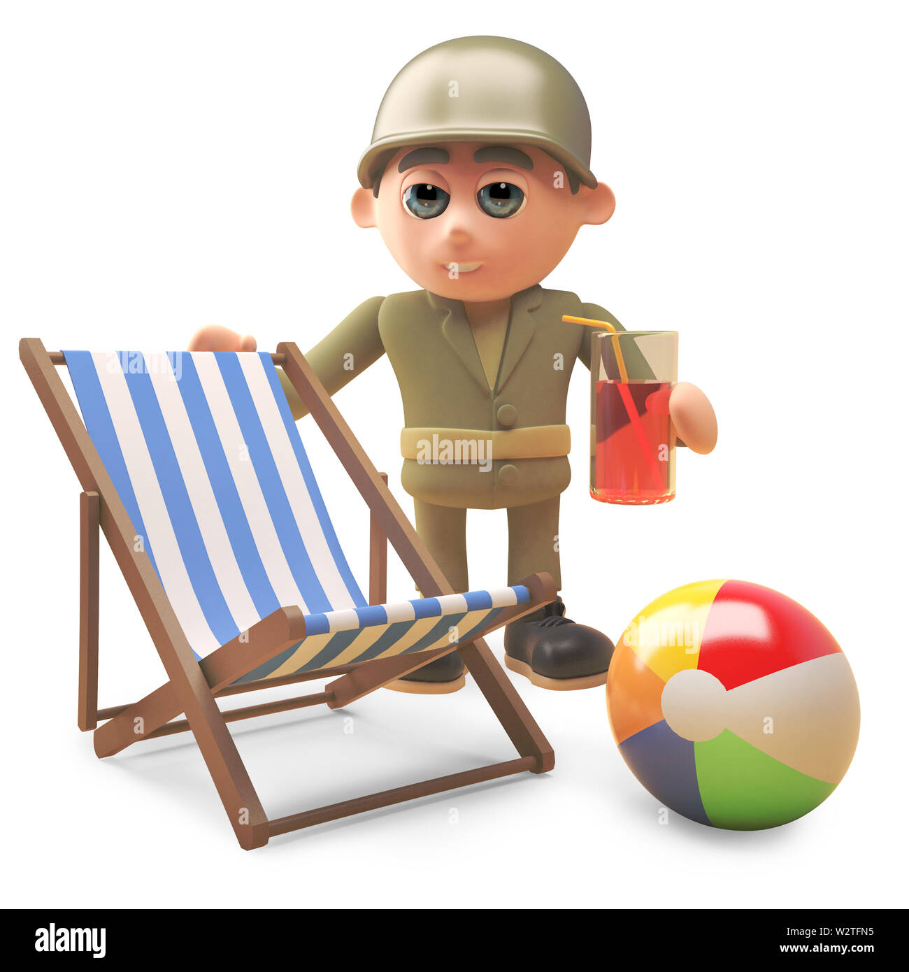 Cartoon army soldier drinks next to a deckchair and beachball, 3d ...