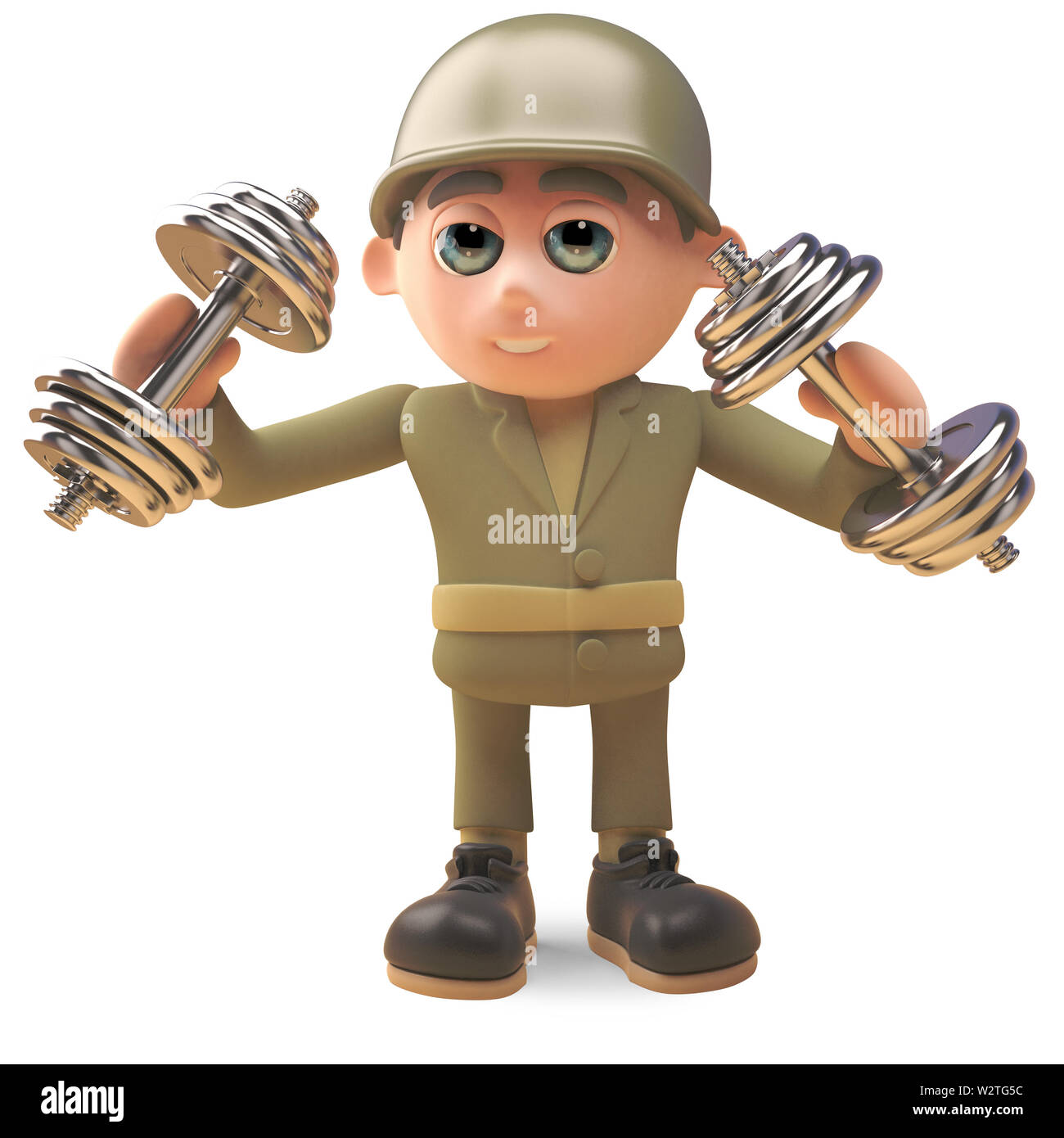 Healthy army soldier exercising with weights, 3d illustration render ...