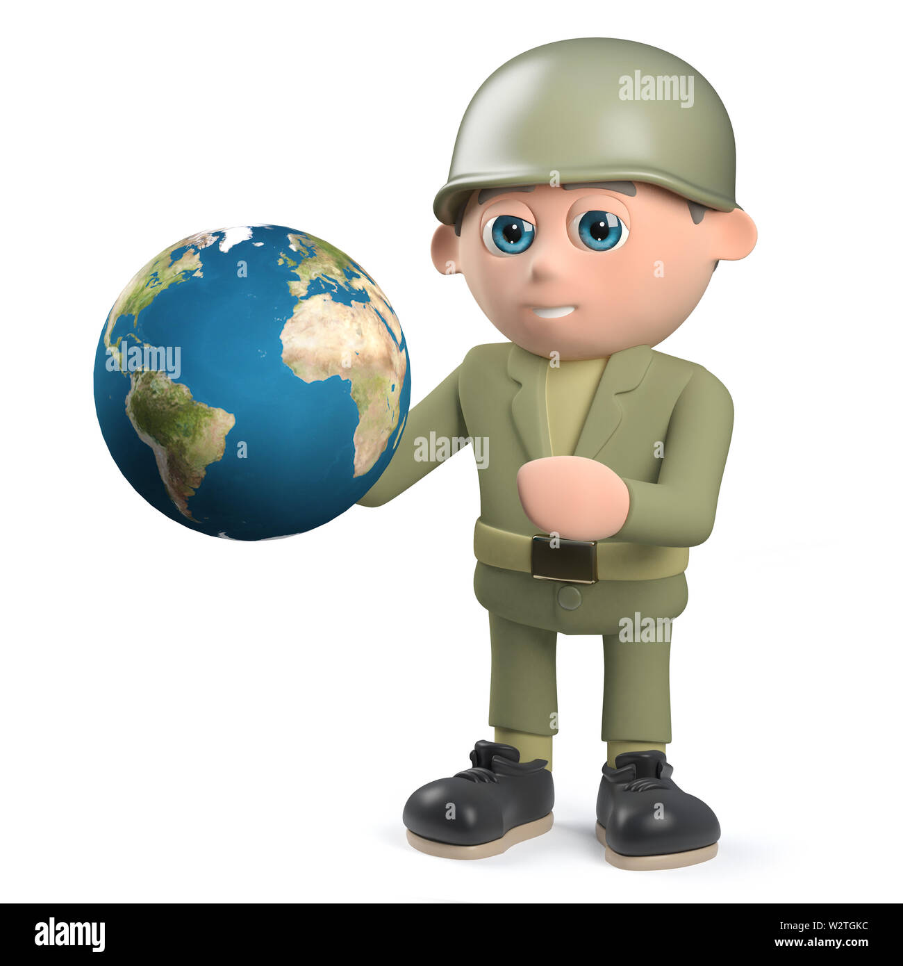 Render of a 3d army soldier character holding a globe of the Earth ...