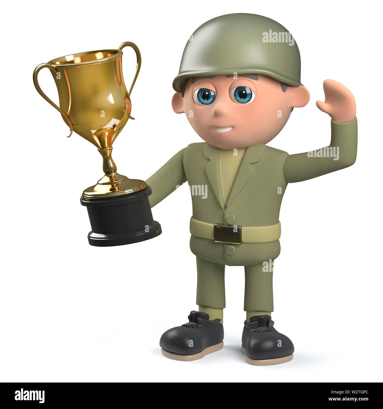 Rendered 3d image of a cartoon 3d army soldier character holding a gold ...