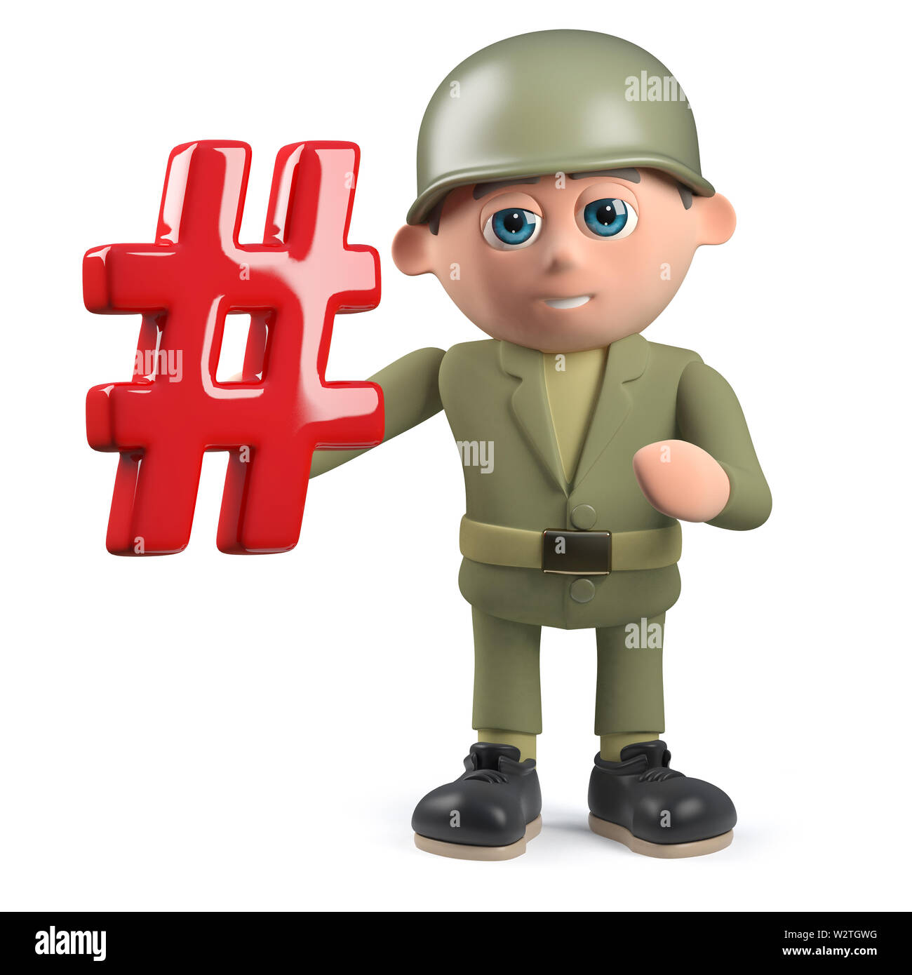 Render of a 3d army soldier character holding a hash tag symbol Stock ...