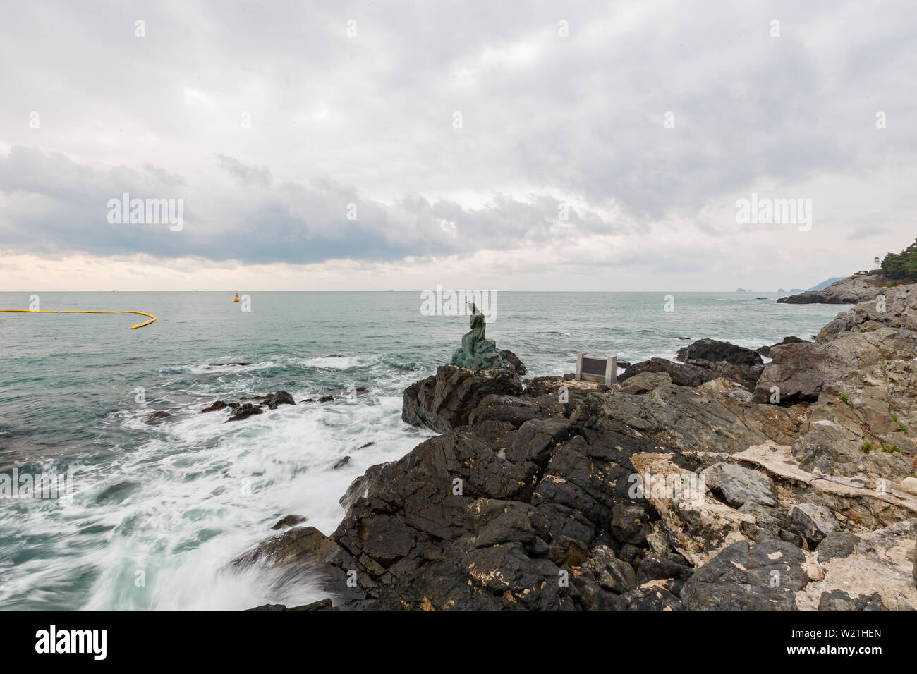 Morning view of the Busan Haeundae mermaid statue at Busan, South Korea ...