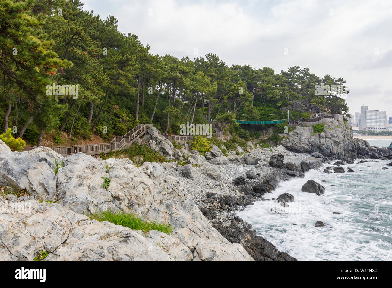 Wooden trail along the shore in Haeundae at Busan, South Korea Stock ...