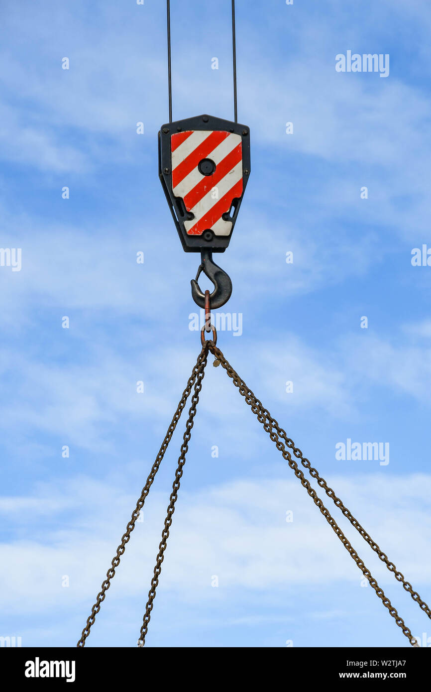 BUDAPEST, HUNGARY - MARCH 2018: Close up view of a heavy hook and cable ...