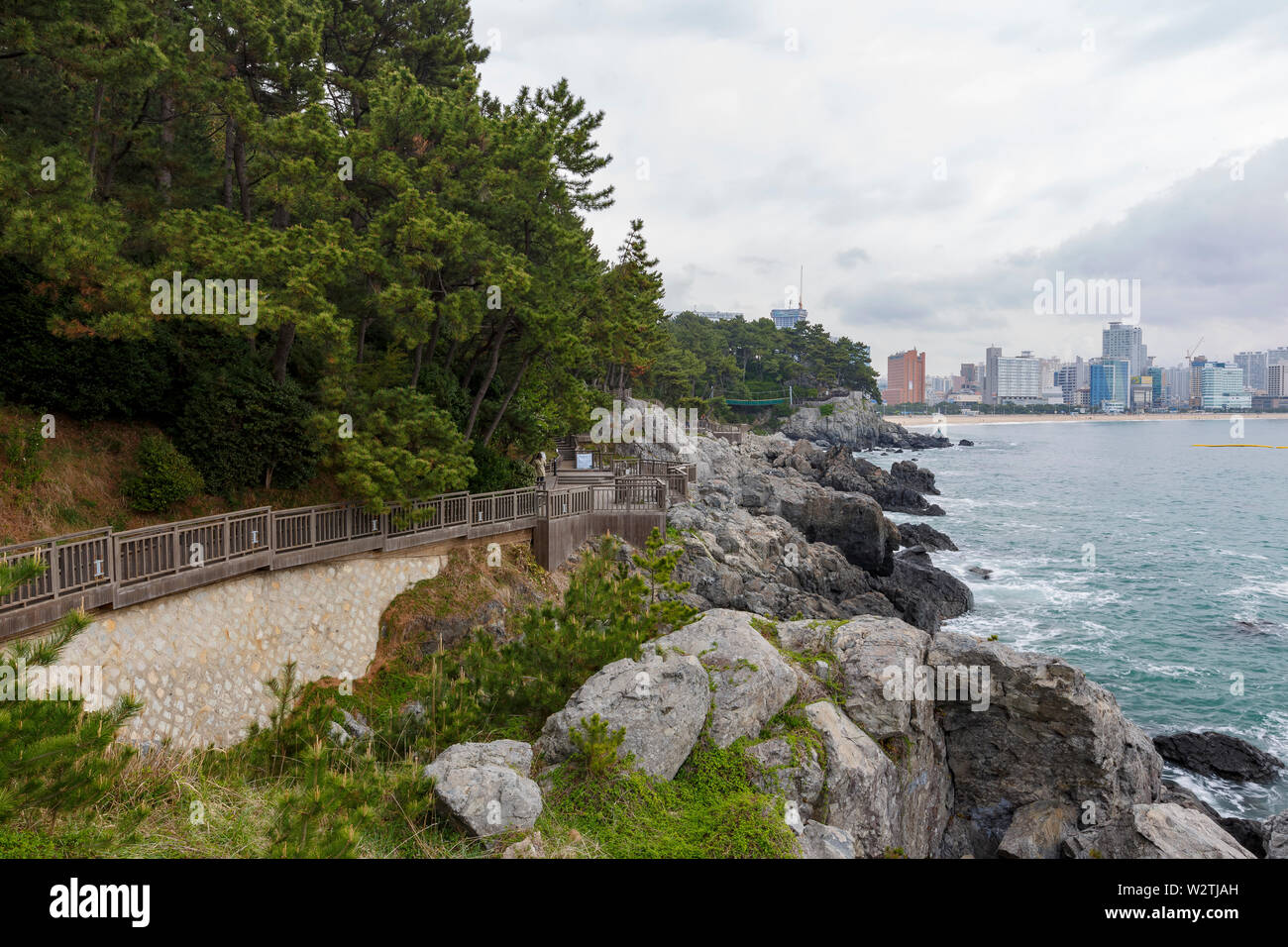 Wooden trail along the shore in Haeundae at Busan, South Korea Stock ...