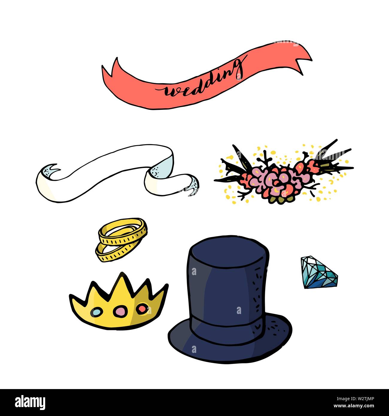 wedding clipart with blue cylinder hat, ribbons, rings, diadem. design ...