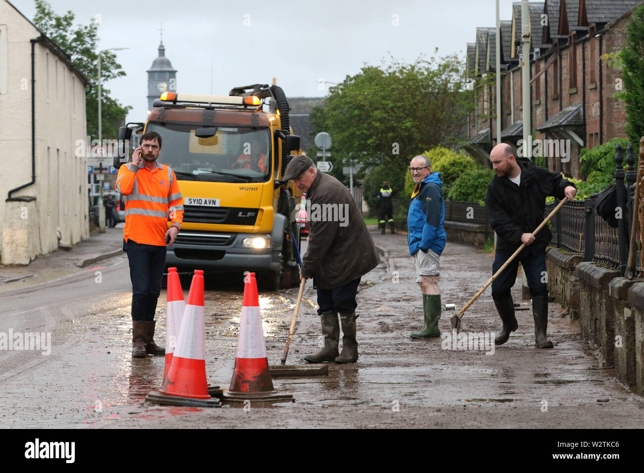 Dingwall, UK. 10th July, 2019. Flash flooding struck several streets in Dingwall, causing road ...