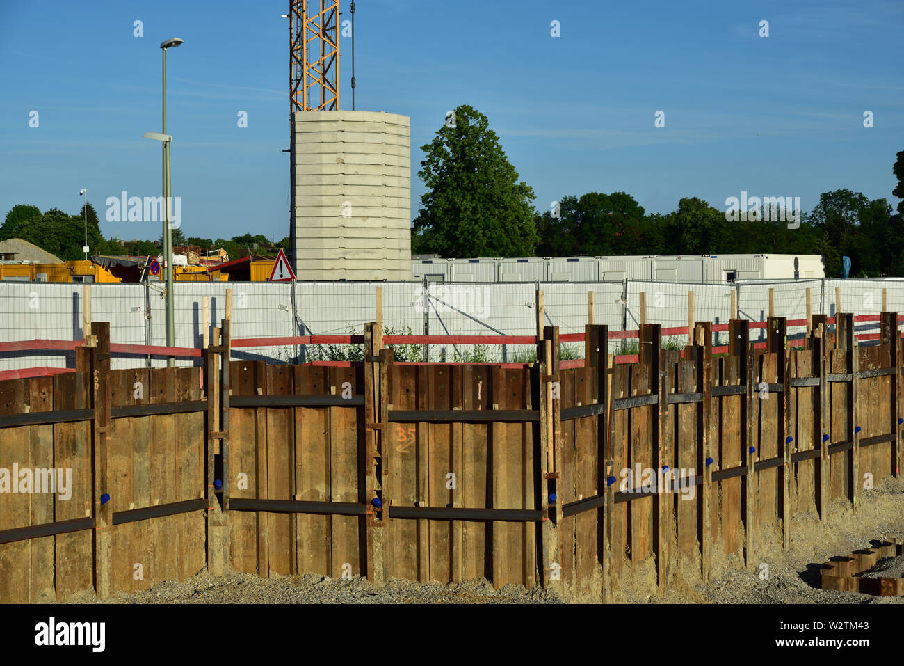 Construction site of a house in the city with secured excavation pit ...