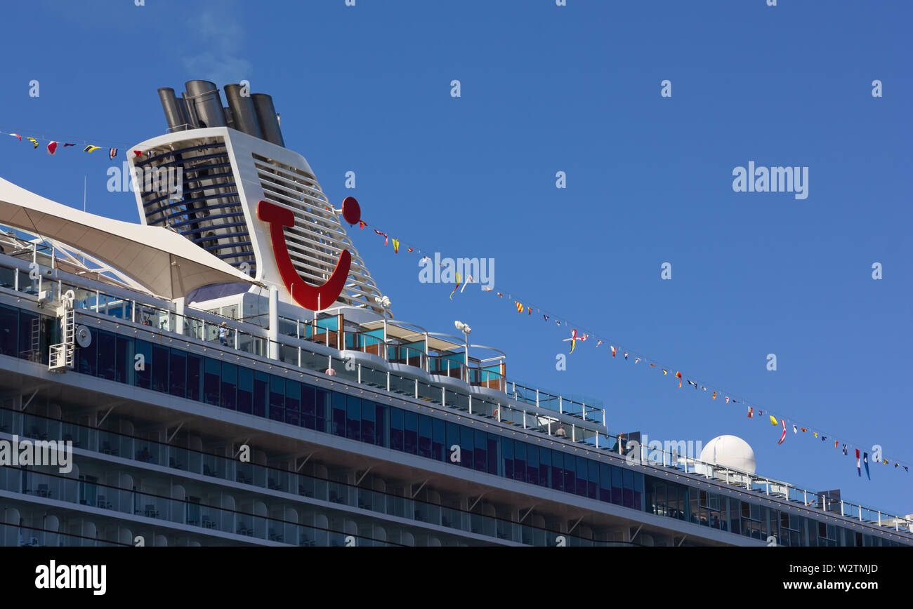 TRIESTE, Italy - June 16, 2019: Closeup of the cruise ship Mein Schiff ...
