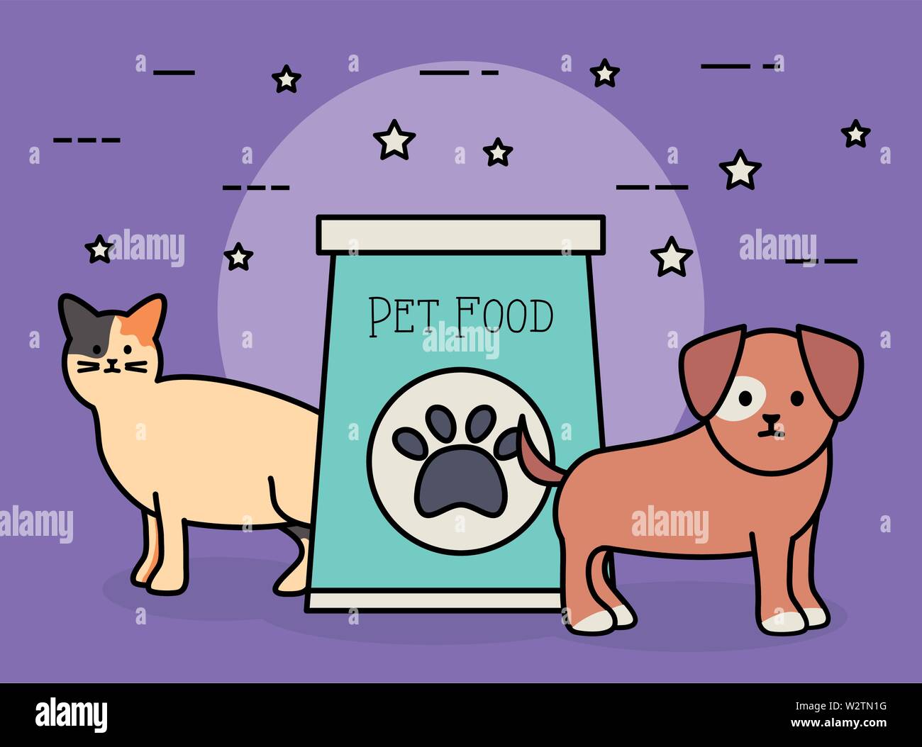 cute cat and dog mascots with food bag vector illustration design Stock ...
