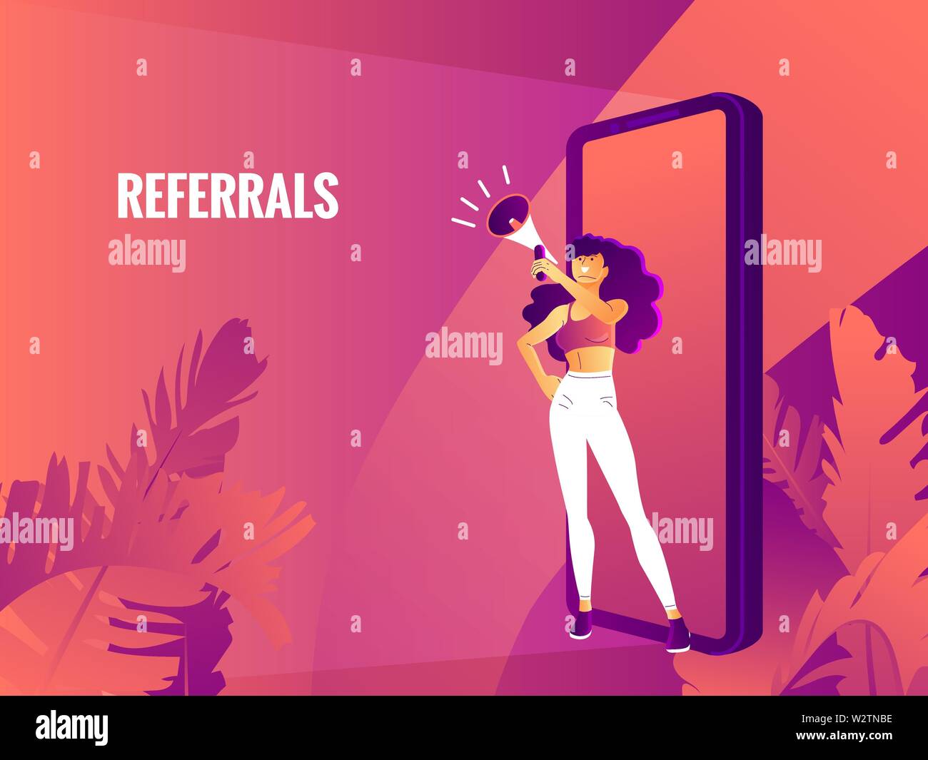 beautiful girl is holding megaphone, referrals text. referral marketing ...