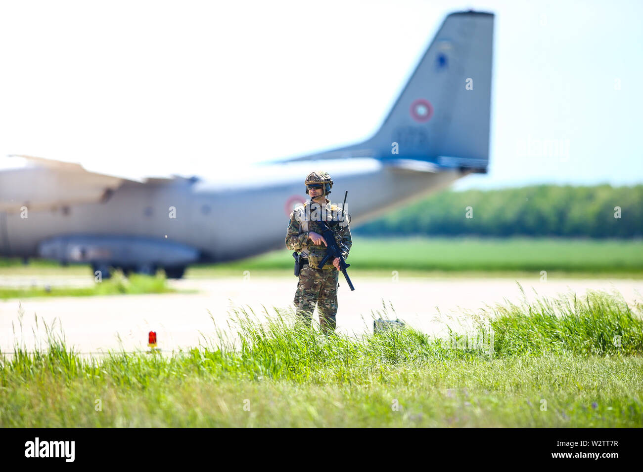 Boboc, Romania - May 22, 2019: Romanian army soldier patrols a military ...
