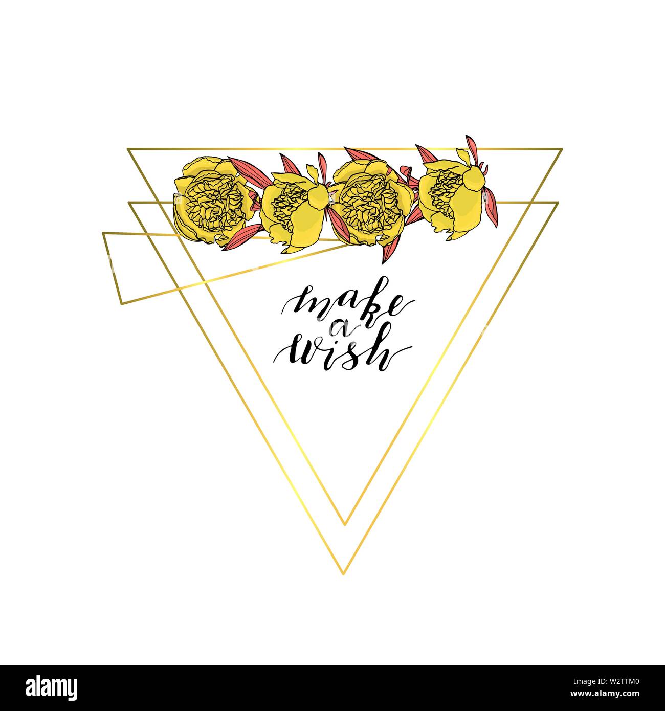 Hand drawn doodle style wreath with yellow peony flower polygonal ...