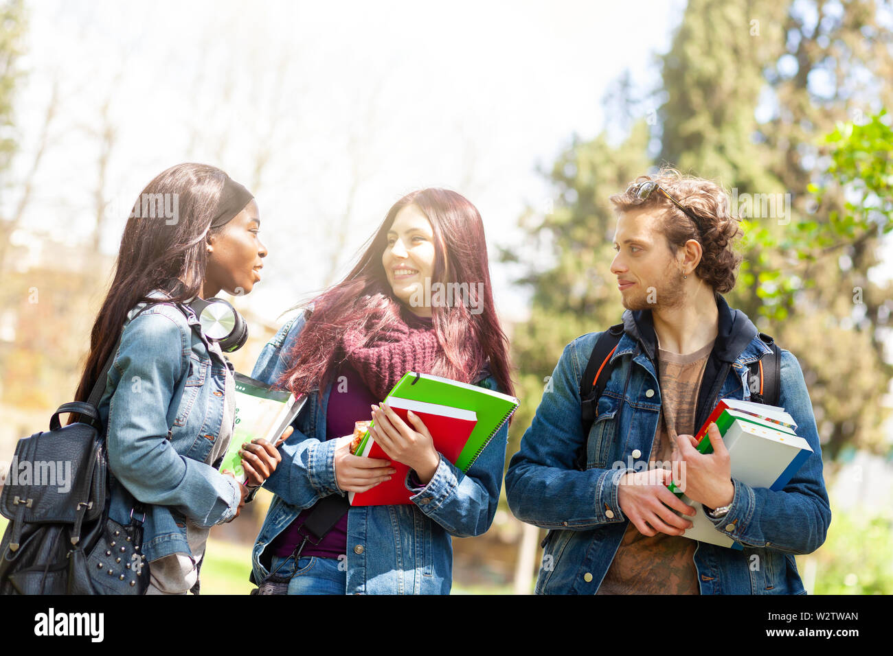 Three young students in the outdoor park. Multiracial group concept ...