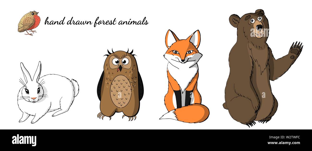Set of cute animals isolated on white background. red fox, owl, rabbit ...