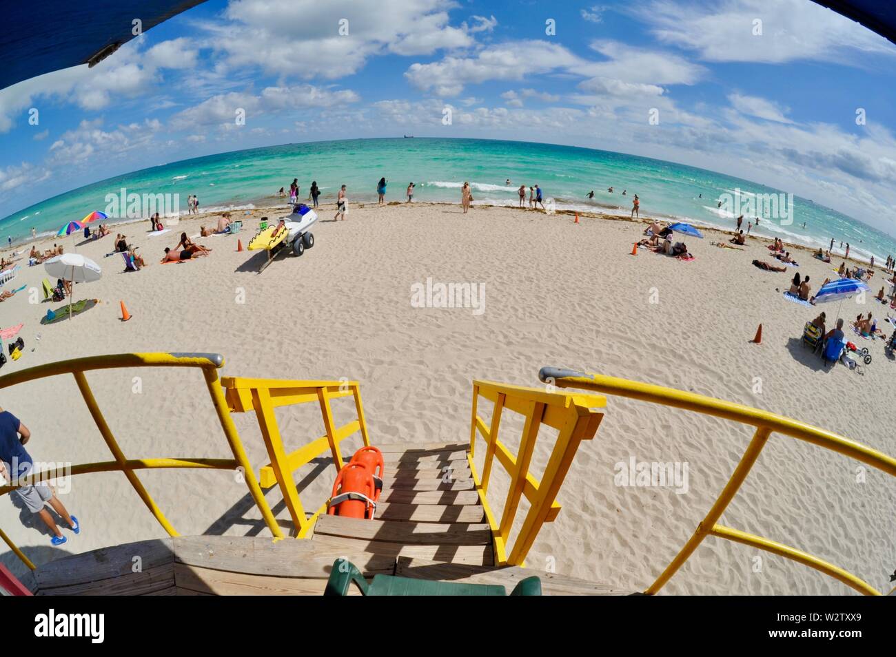 View from above in lifeguard station structure tower out over Atlantic ...