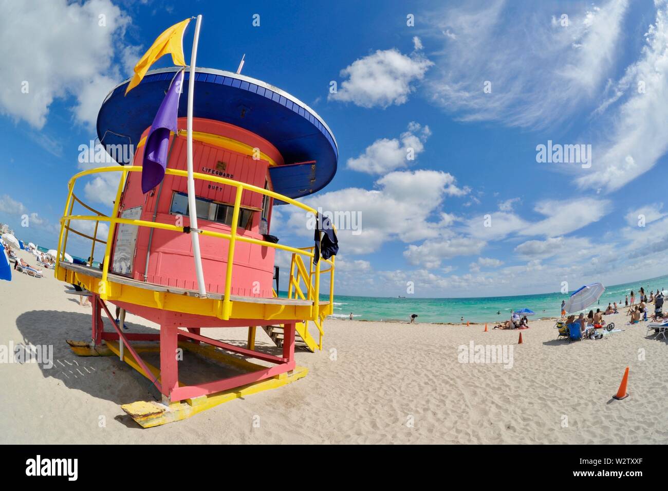 Colorful lifeguard station structure tower with art deco design on the ...