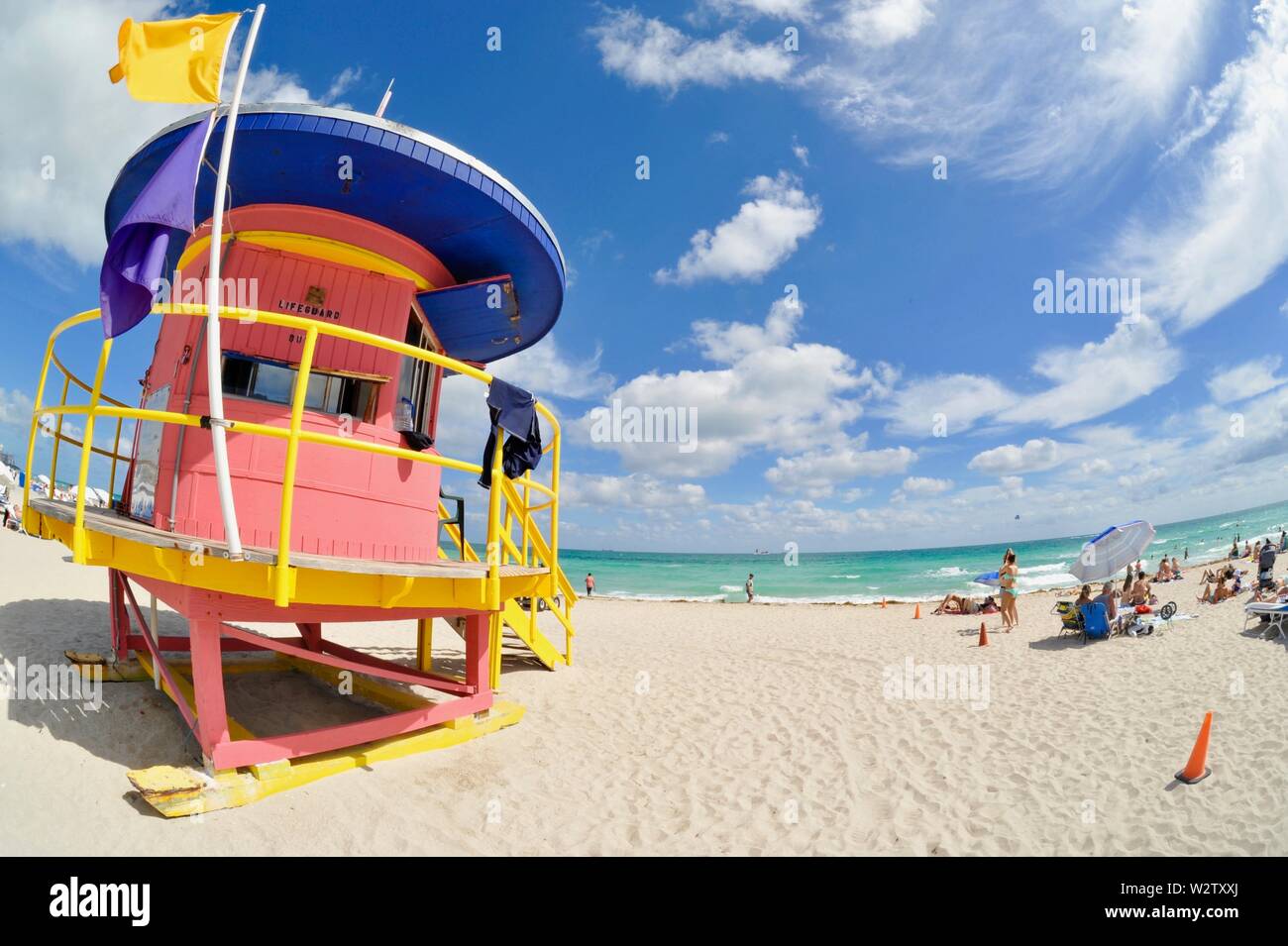 Colorful lifeguard station structure tower with art deco design on the ...