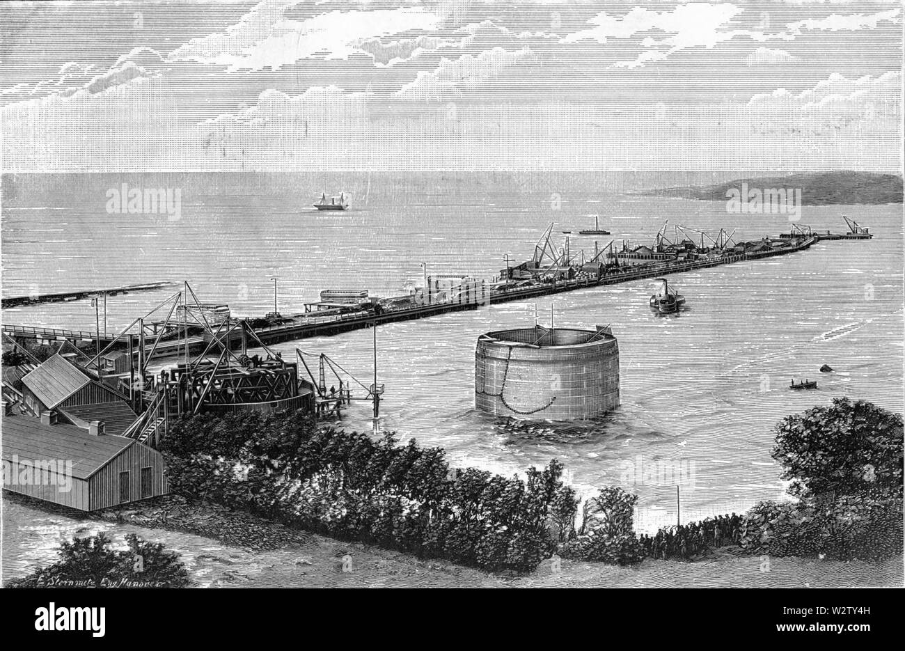 Forth Bridge (1890) Floating out caisson for Queensferry pier, March 26 ...