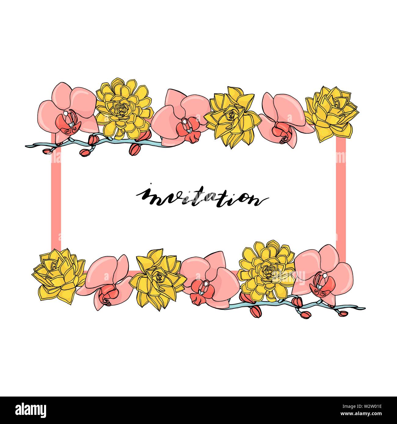 Hand drawn doodle style succulent and orchid flower wreath with custom hand lettering invitation ...