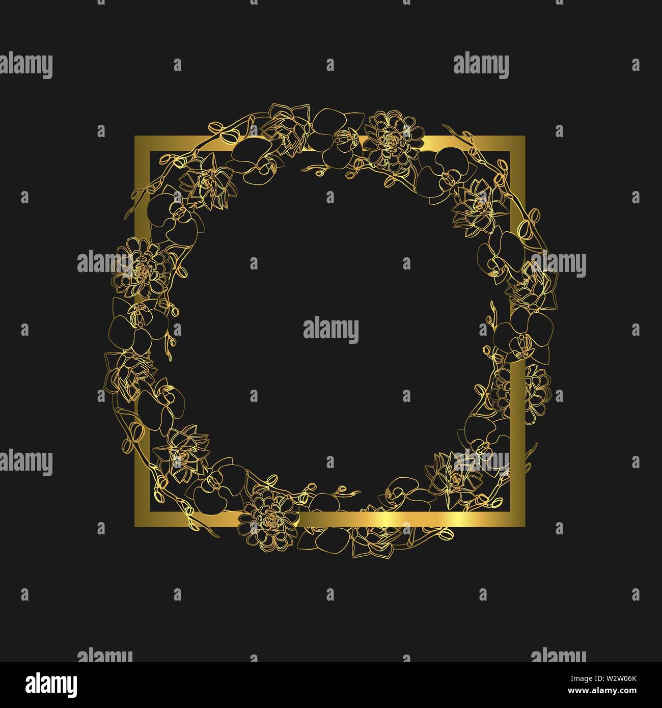 Hand drawn doodle style succulent and orchid flowers .golden wreath ...