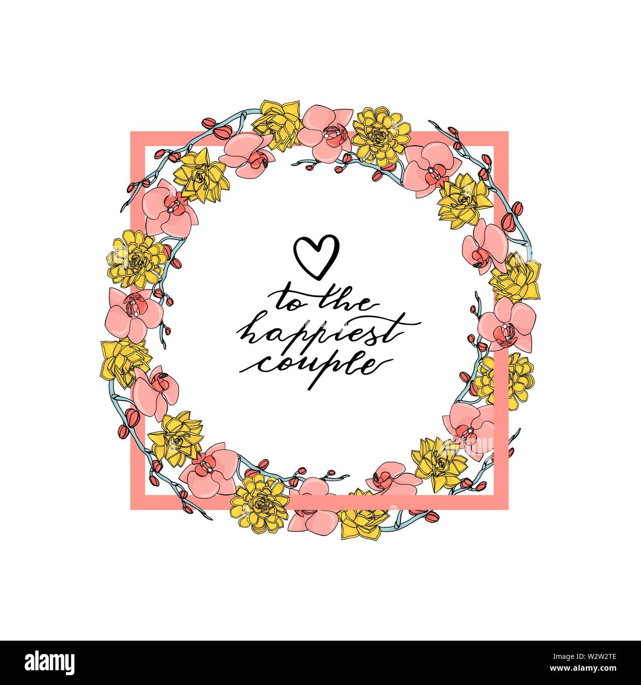 Hand drawn doodle style succulent and orchid flower wreath with custom ...
