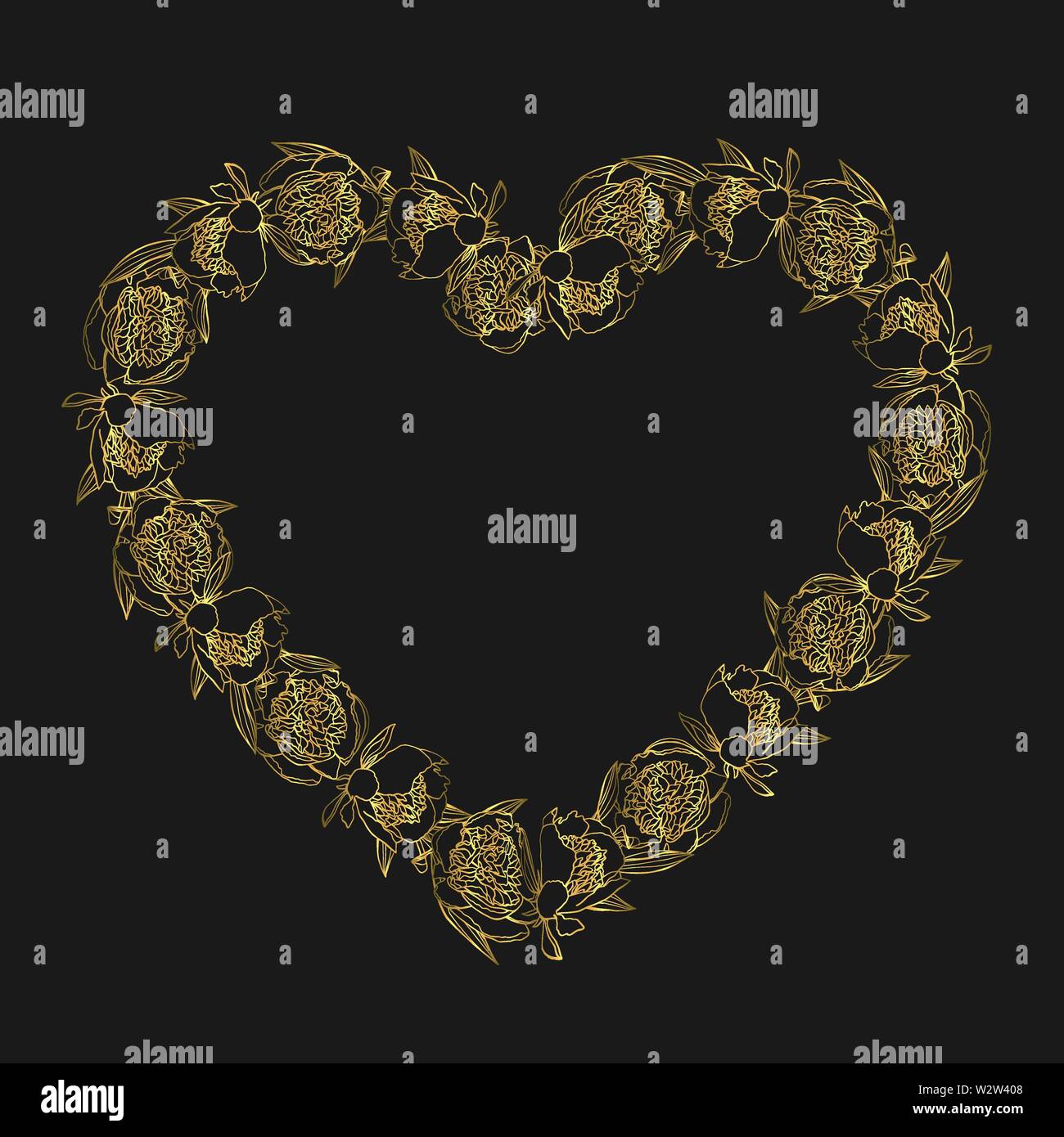 Hand drawn doodle style golden peony flower wreath. floral design ...