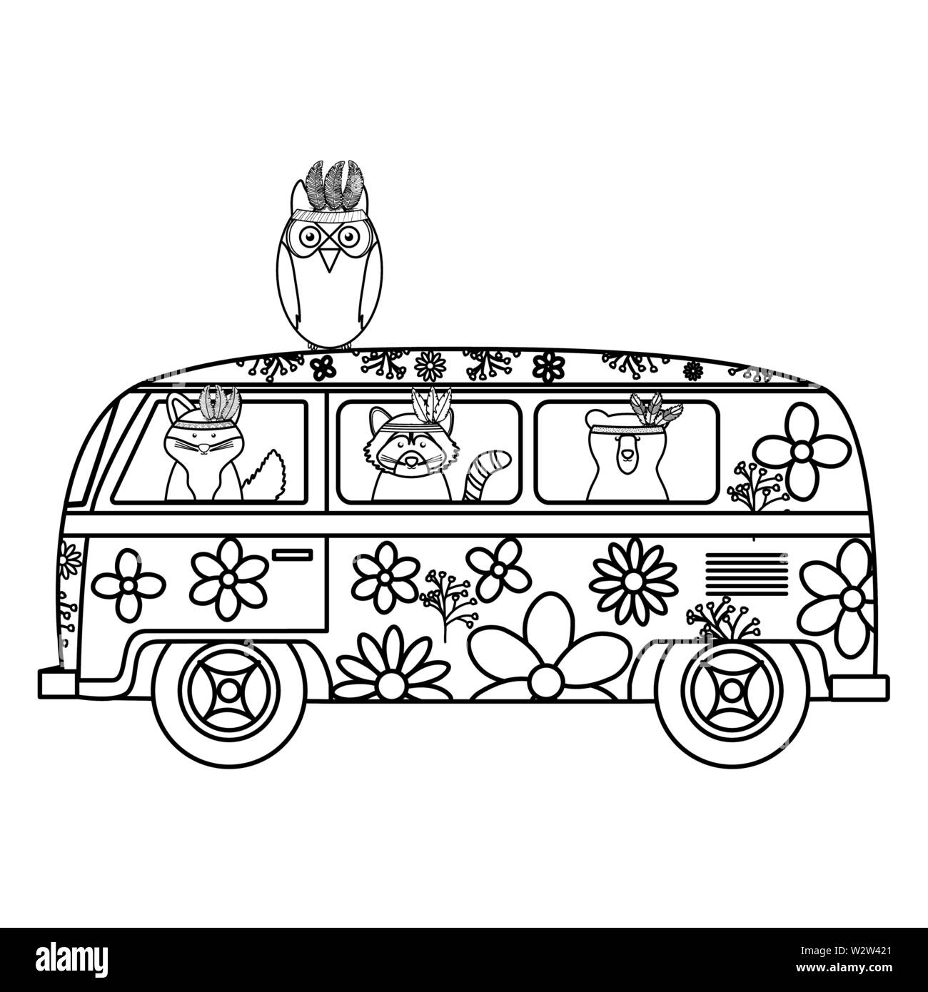 owl bird with feathers hat and van bohemian style vector illustration ...