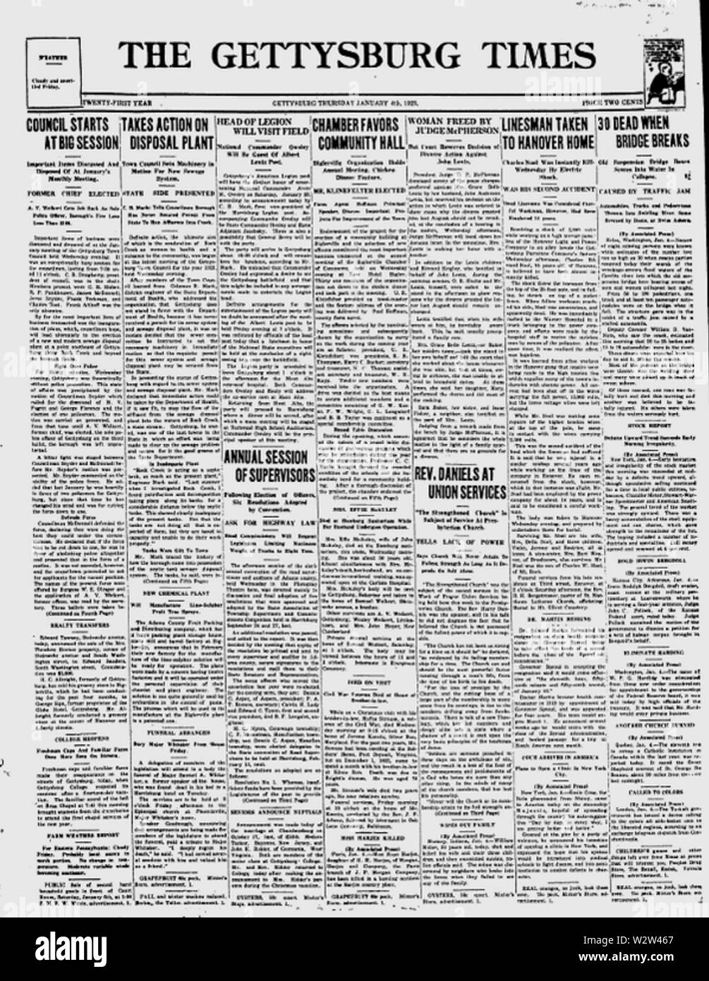 Gettysburg Times Jan 4 1923 front page Stock Photo - Alamy
