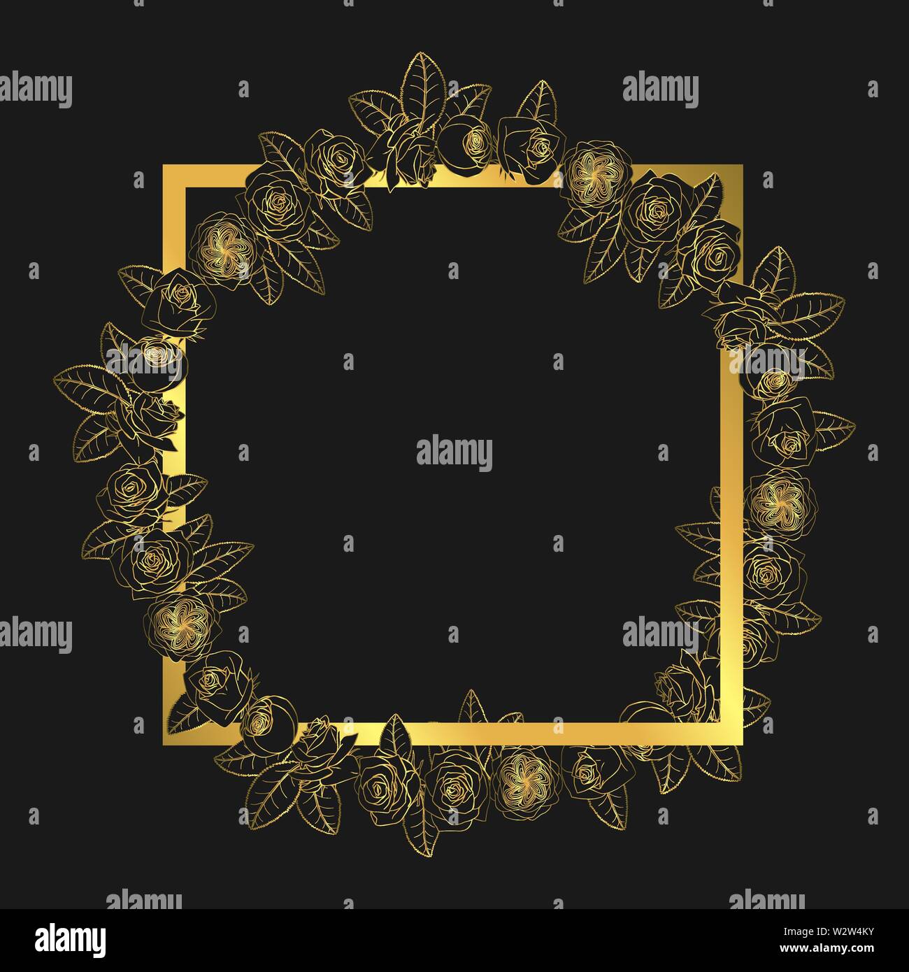 Hand drawn doodle style golden rose flowers wreath around square frame ...