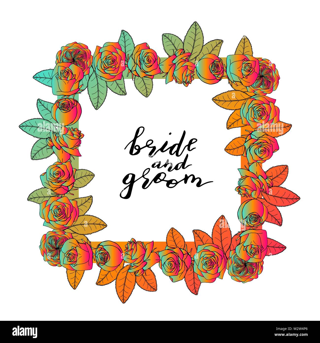 Hand drawn doodle style rose flowers square wreath. floral design ...