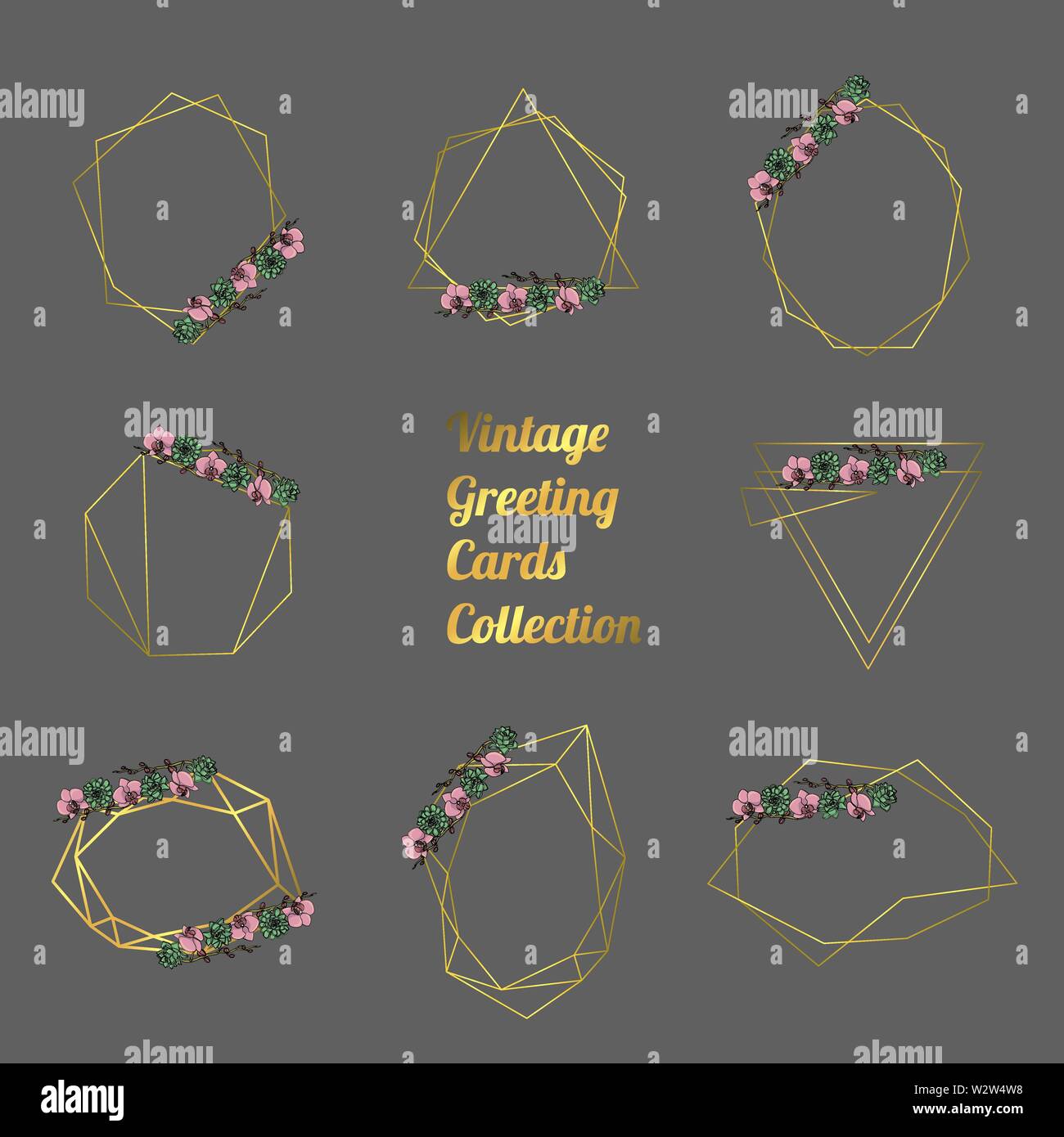 Set of Hand drawn doodle style succulent and orchid flower wreath with ...