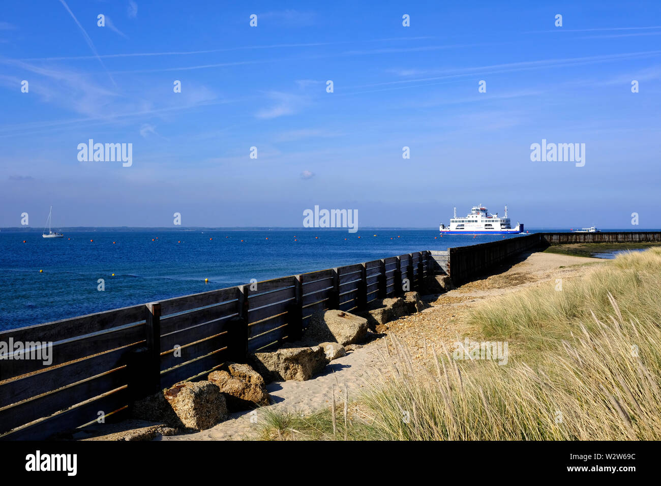 A view of the Solent crossing to the mainland from Norton Spit beach at ...