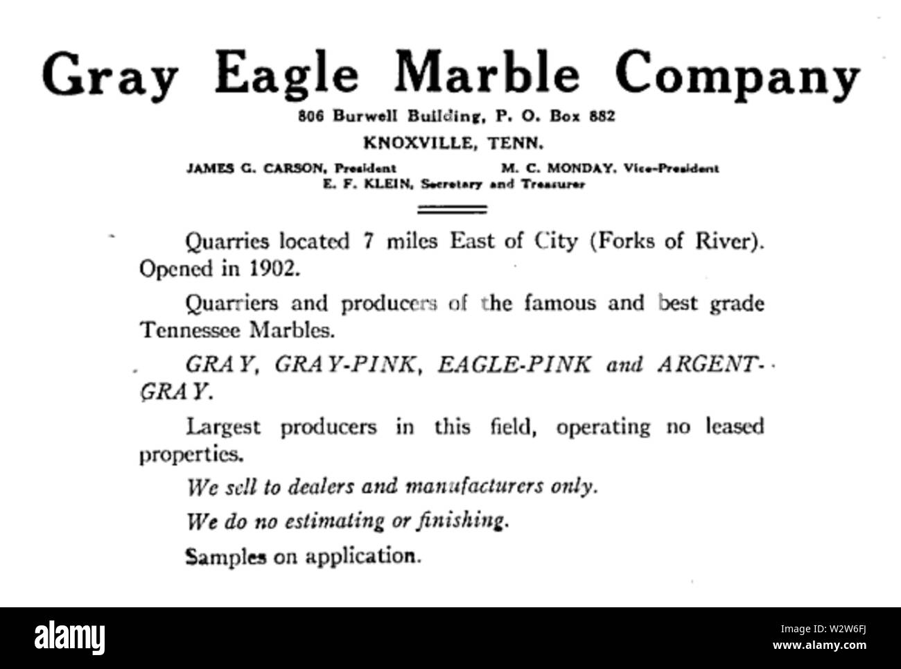 Gray Eagle Marble ad 1919 Stock Photo - Alamy