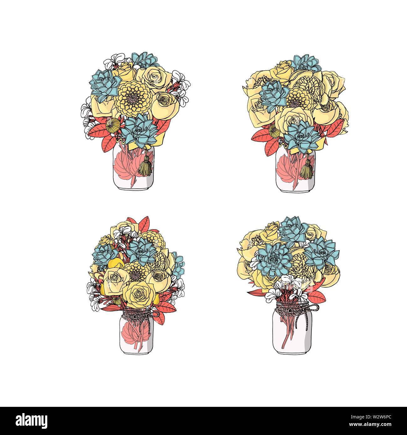Hand drawn doodle style bouquets of different flowers isolated Stock ...