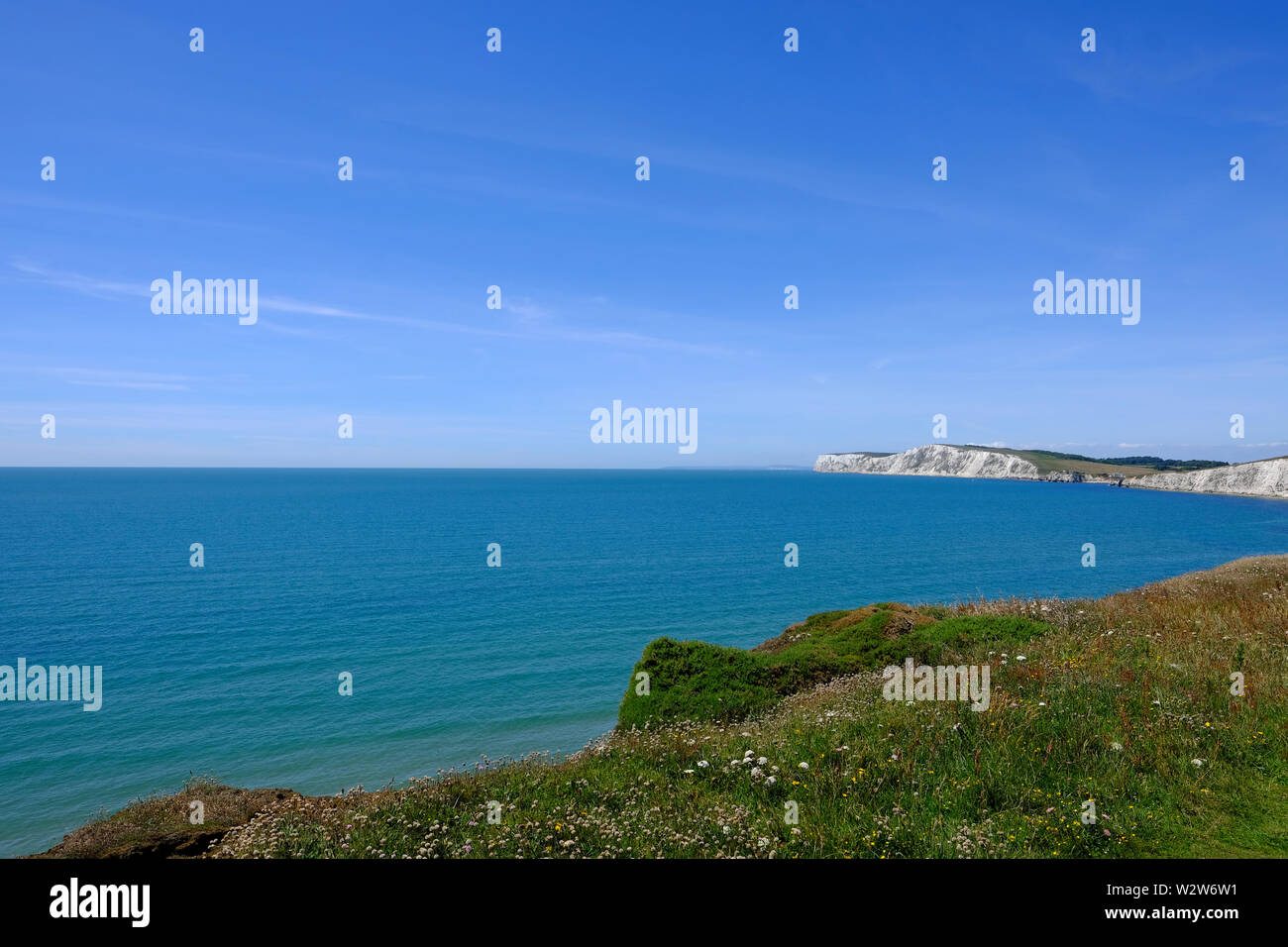 Wide view of Compton Bay with Tennyson Down and chalk cliffs in the ...