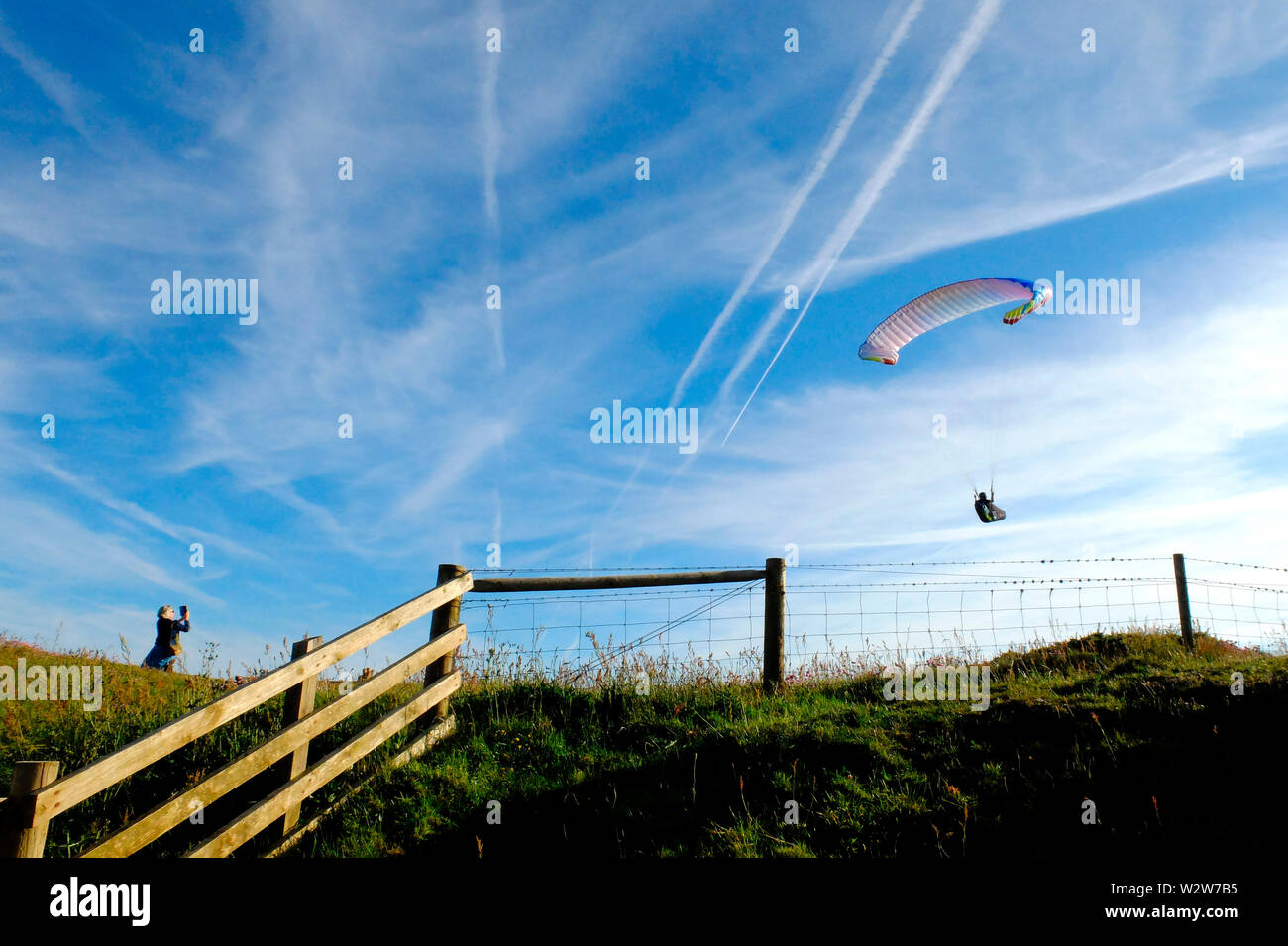 Hang Gliding over Compton Bay cliff tops at Compton Chine on the Isle ...