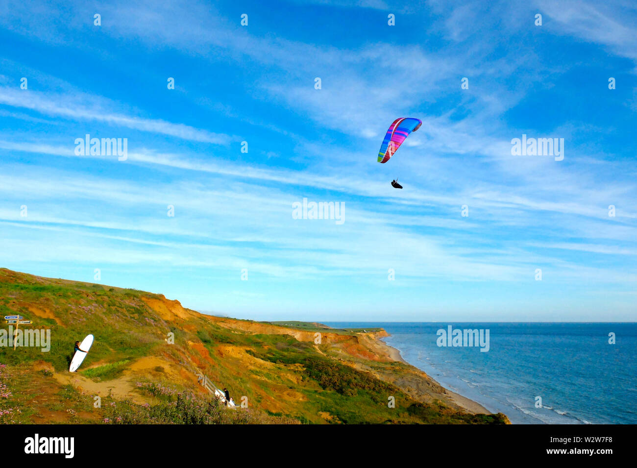 Hang Gliding over Compton Bay cliff tops at Compton Chine on the Isle ...