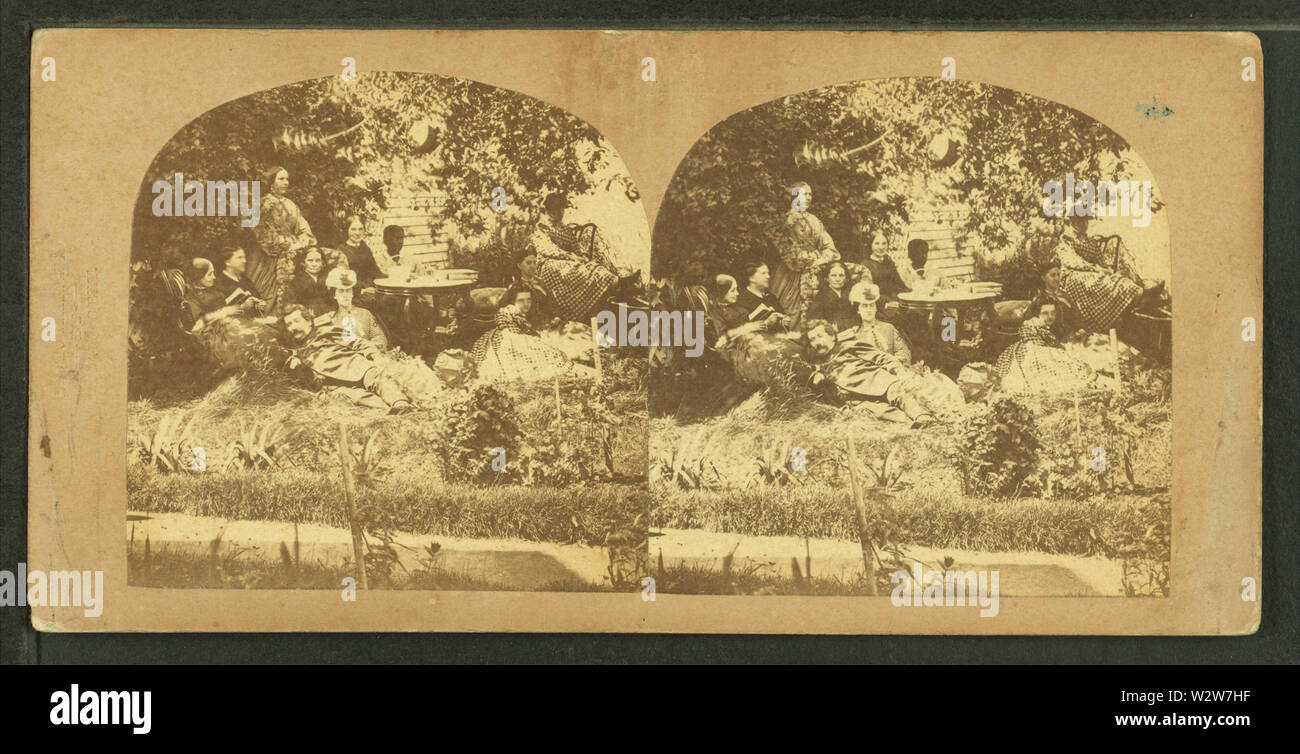 Group of picnickers lounging in a yard, by Philip Coombs Stock Photo ...