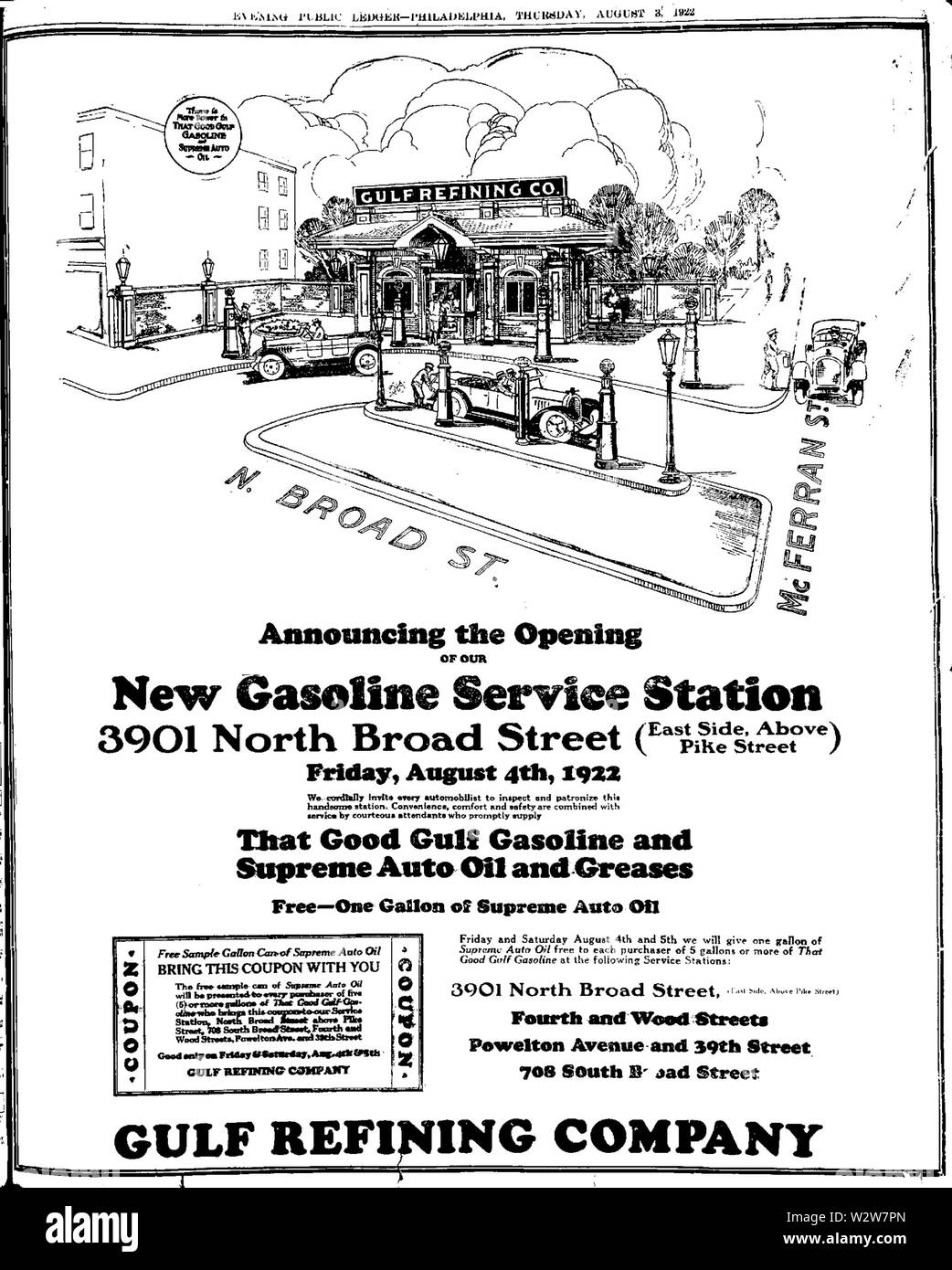 Gulf Gasoline Service station 1922 newspaper Stock Photo - Alamy