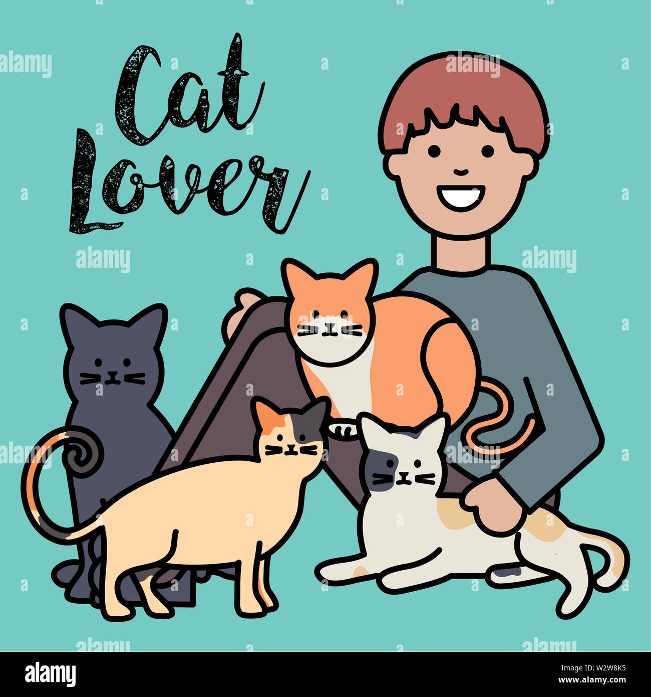 young man with cute cats mascots vector illustration design Stock ...