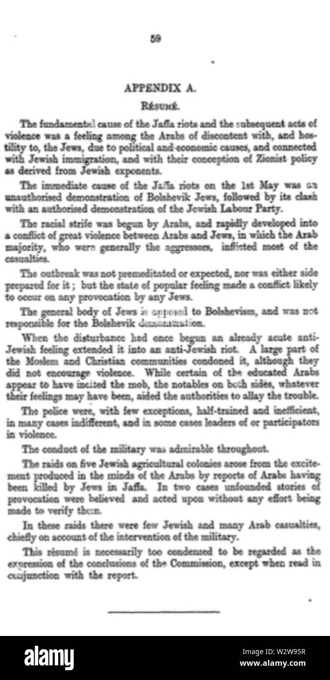 Haycraft Commission of Inquiry in Palestine Cmd 1540 Summary ...