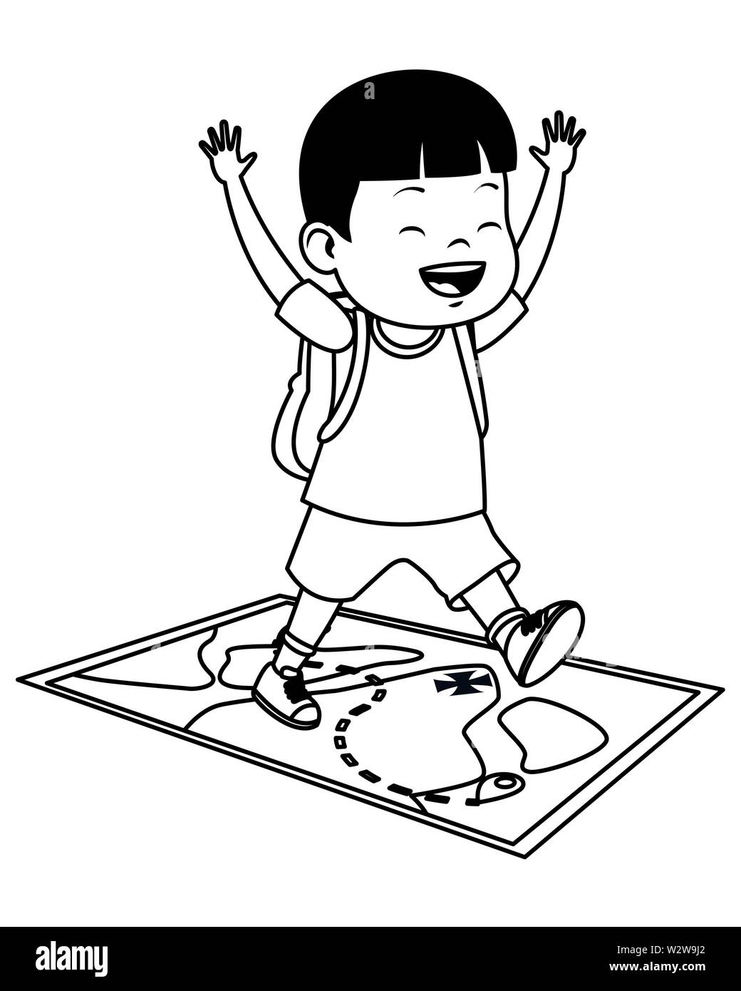 Happy boy smiling with hands up on adventure map in black and white ...