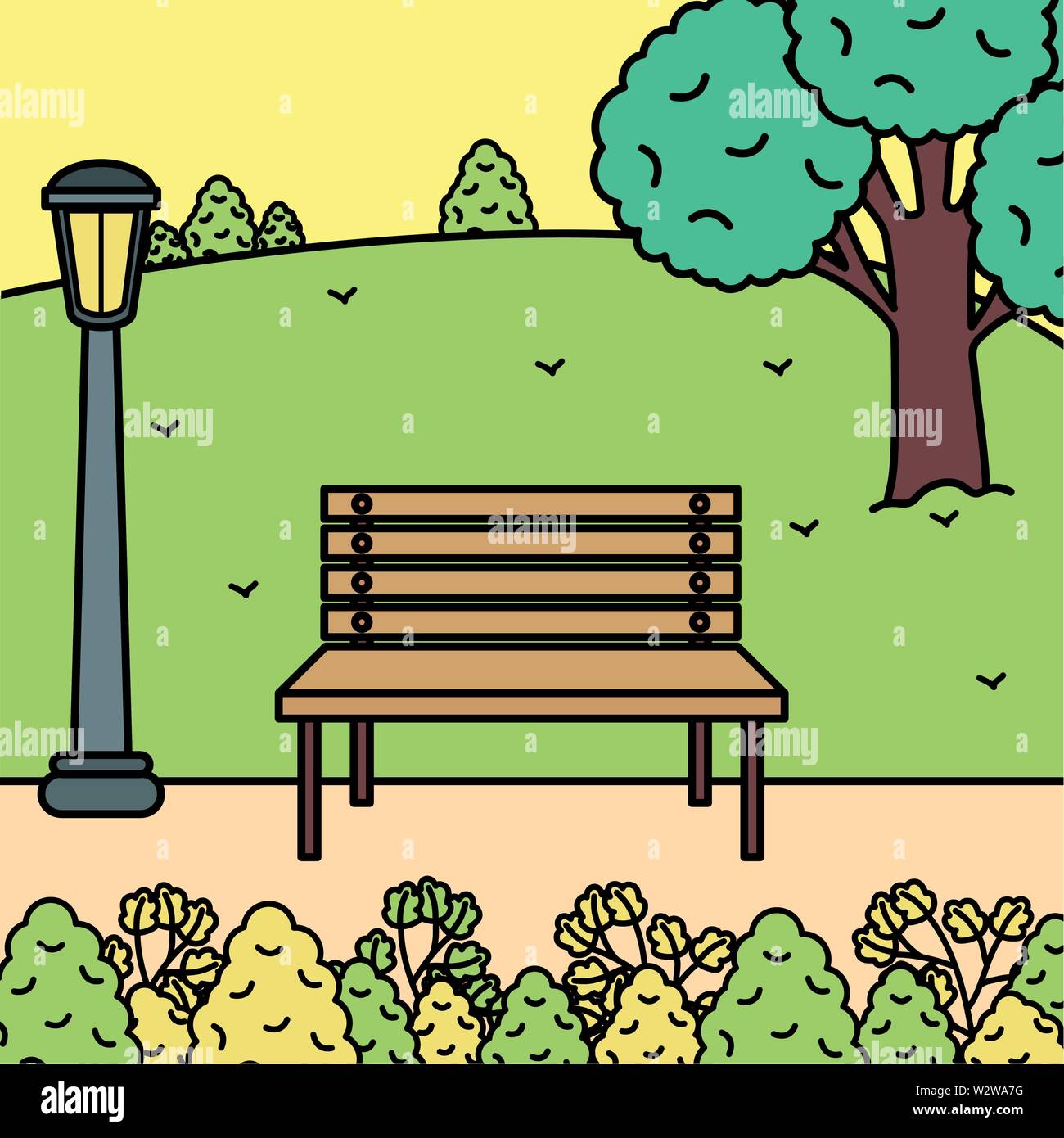 park landscape with wooden chair scene vector illustration design Stock ...