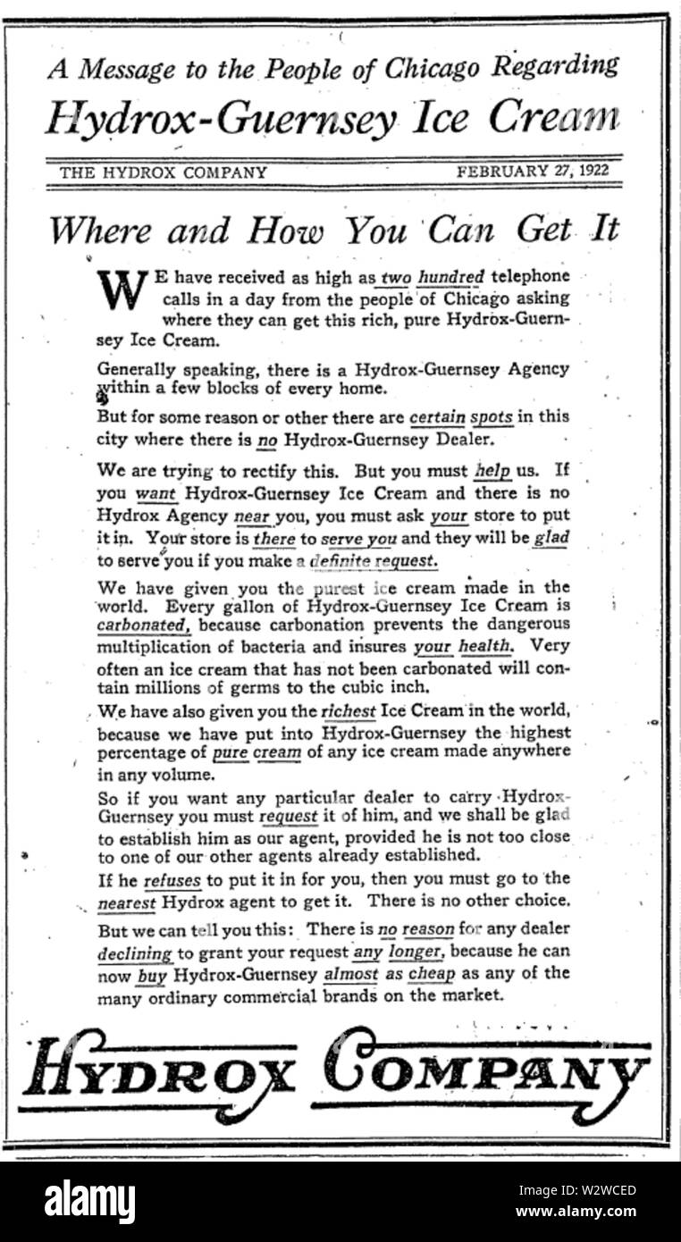 Hydrox ice cream advertisement February 1922 Stock Photo - Alamy