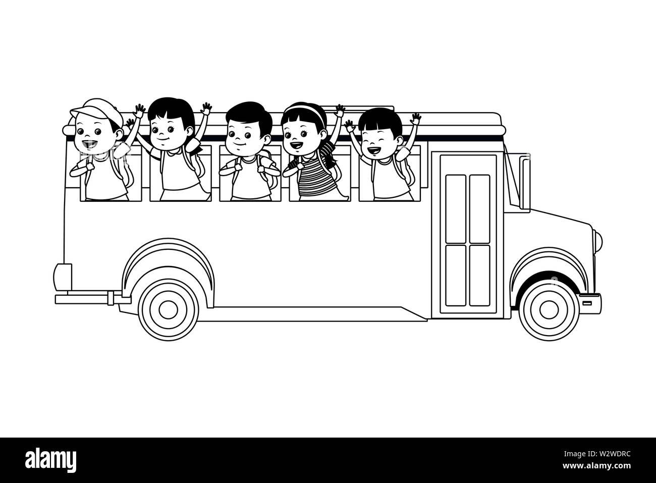 School kids greeting from bus in black and white Stock Vector Image ...
