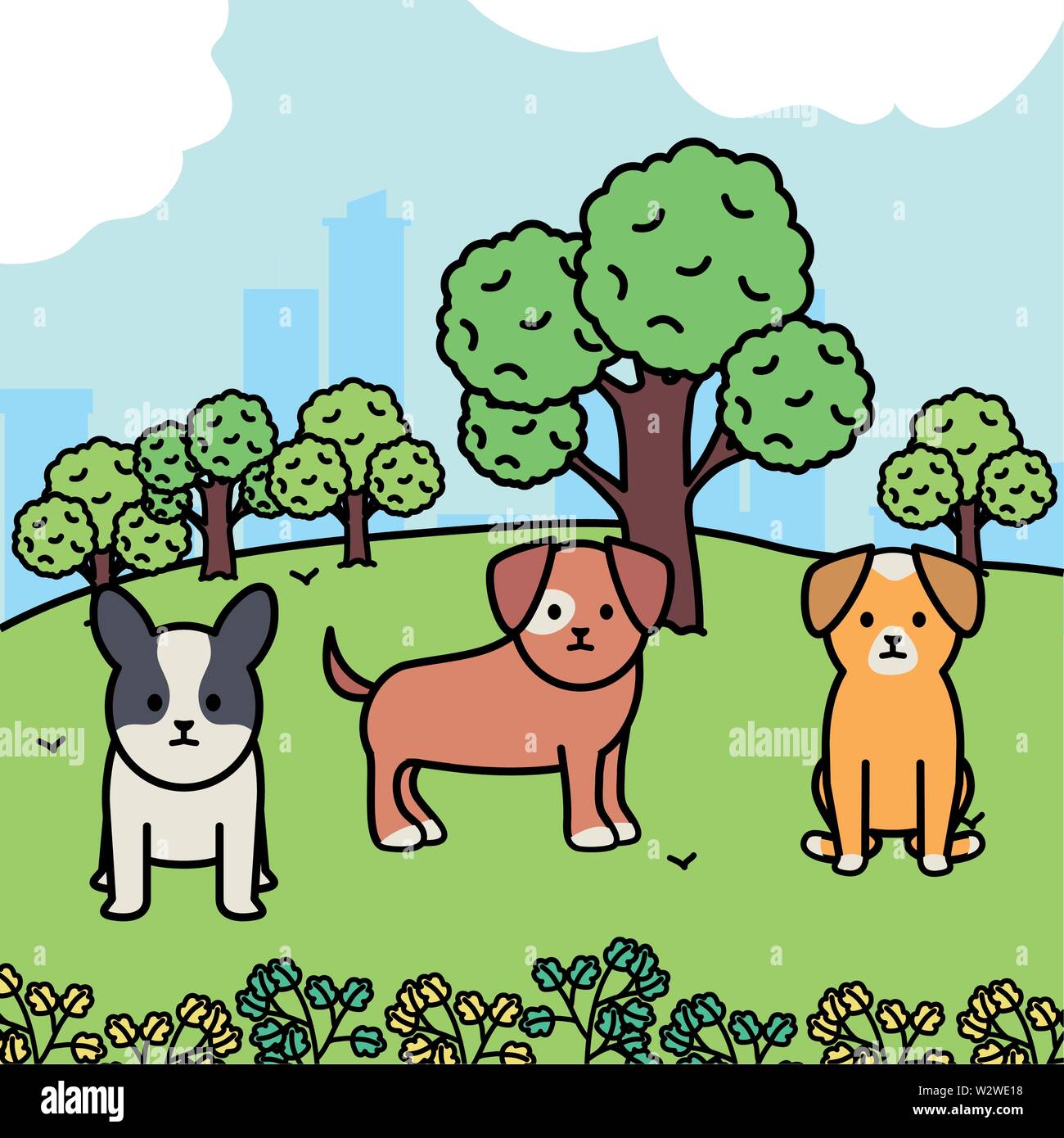 little dogs adorables mascots in the landscape vector illustration ...