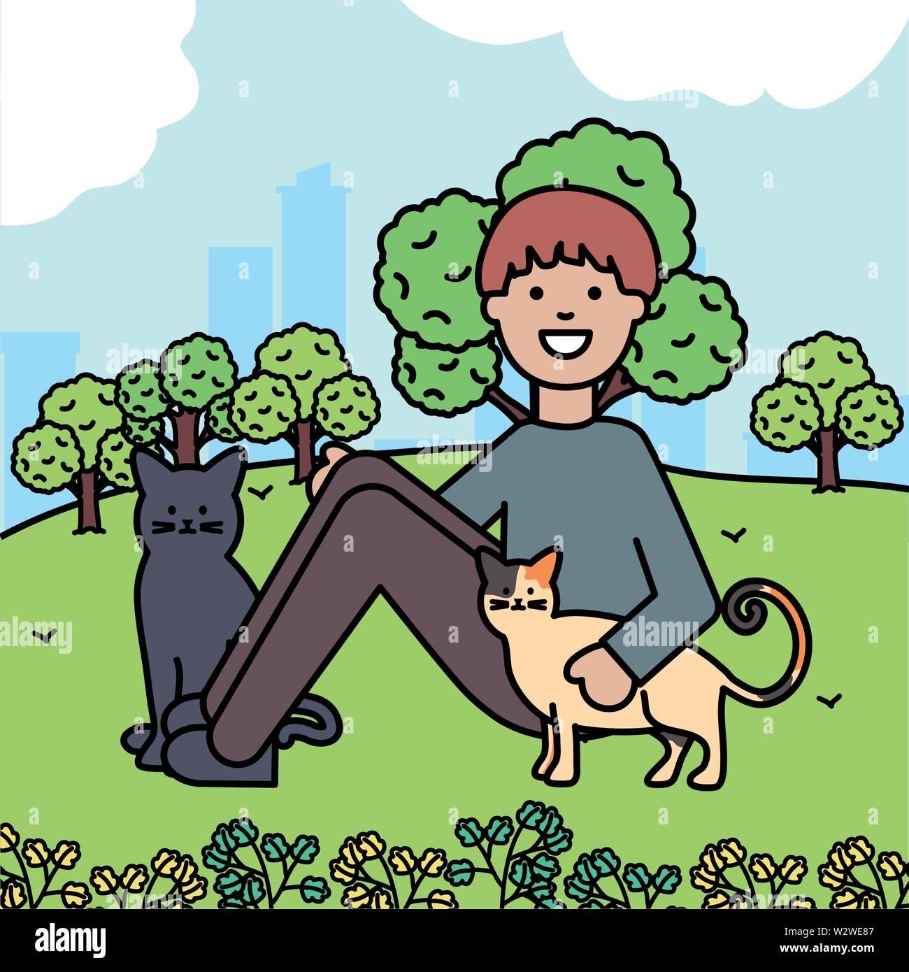 young man with cute cats mascots on the park vector illustration design ...