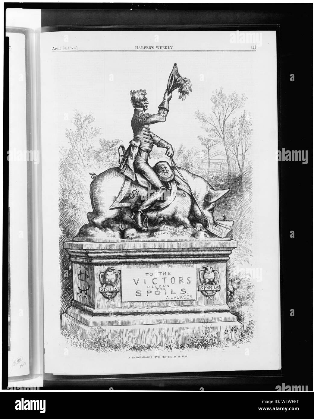 Cartoon showing statue of Andrew Jackson on pig, which is over fraud ...