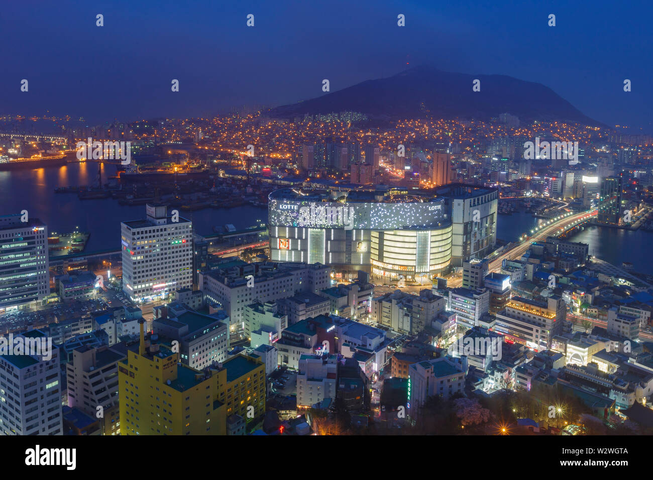 Busan, APR 2: Night aerial view of the Busan cityscape from Busan Tower ...